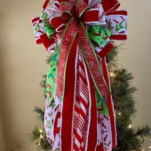 Large Grinch Inspired Tree Topper Bow, Elf Print Bow, Christmas Tree ...