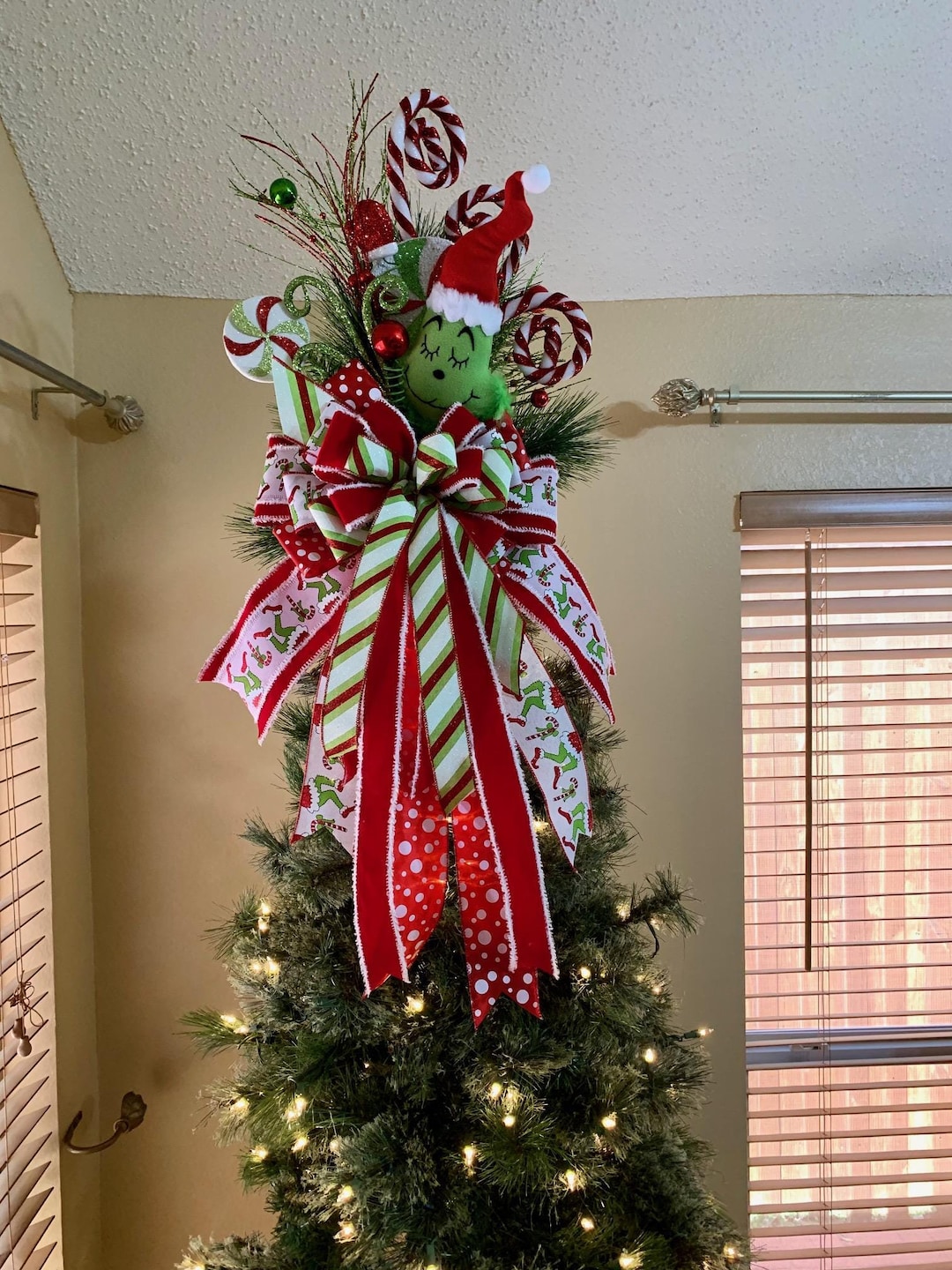 Grinch Inspired Tree Topper, Monster Head, Monster Ribbon, Christmas ...