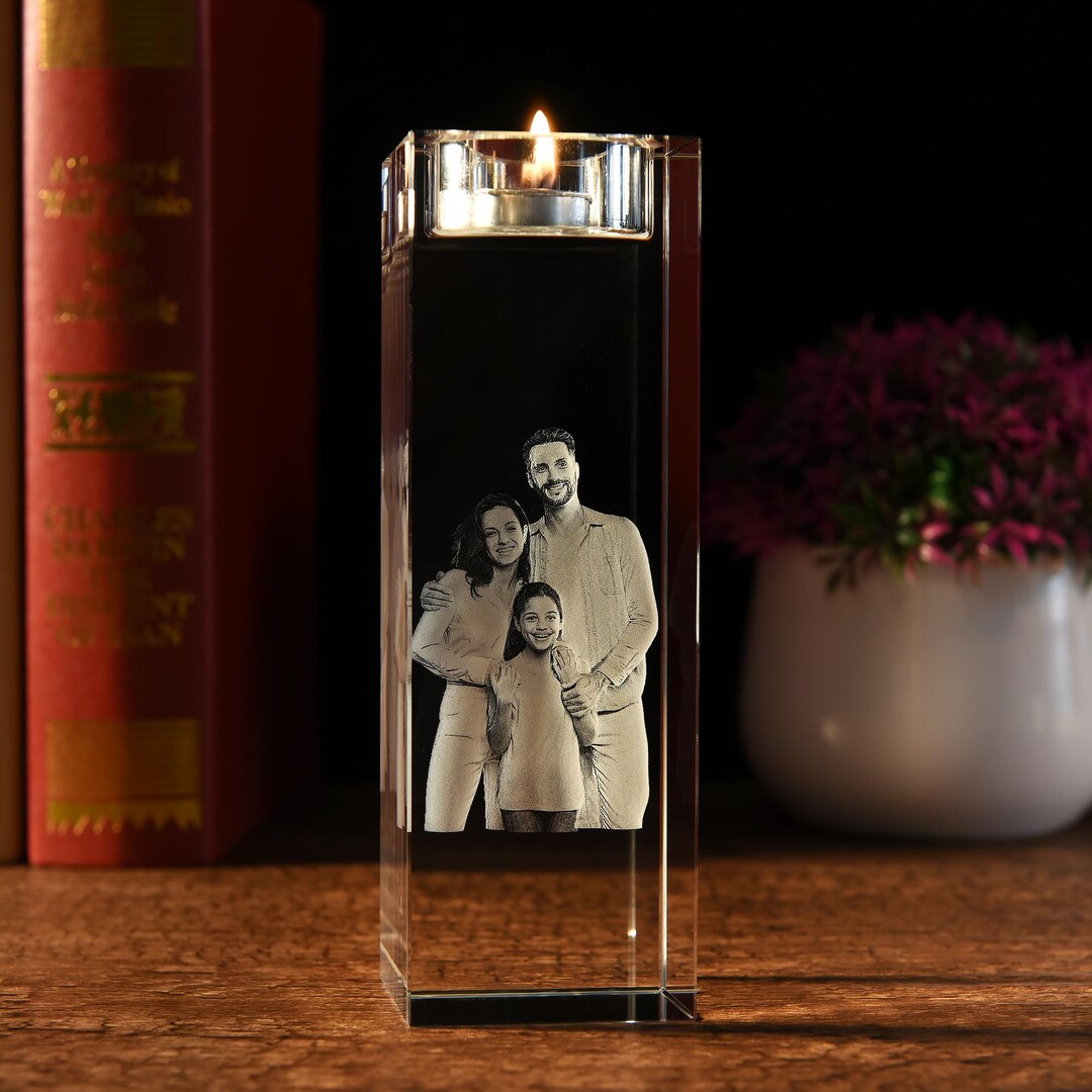 Custom 3D Family Portrait,3d Engraved Crystal Photo Gift, Custom Candle Holder,memorial Candle ...