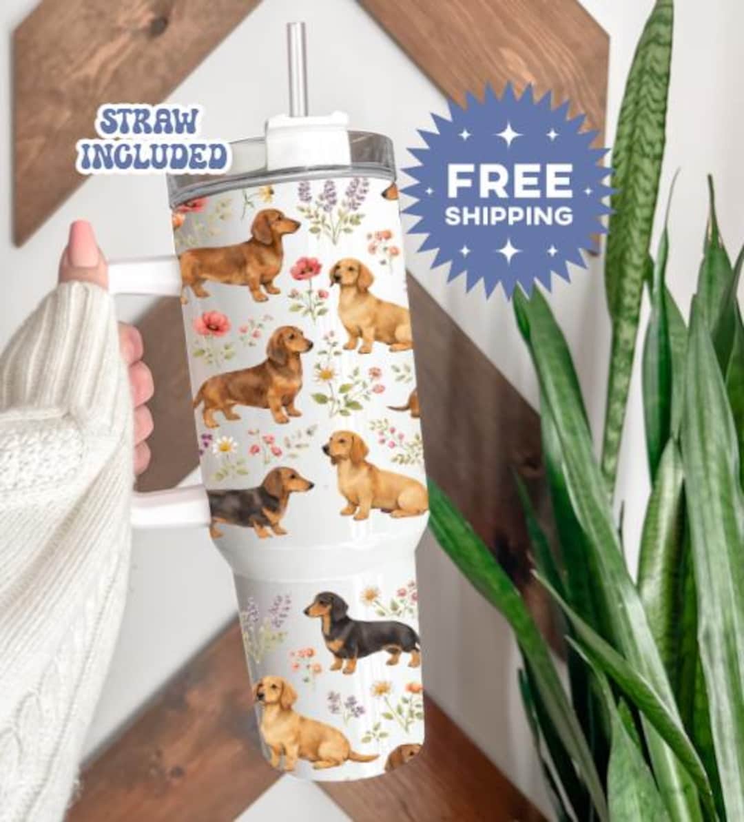 Dachshund Floral Tumbler, Doxie Weiner Dog Travel Cup With Lid & Straw ...