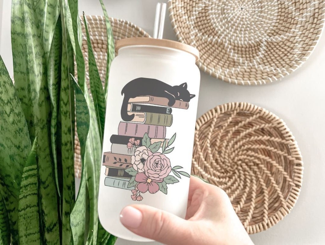 Cat on Books Glass, Frosted Iced Coffee Cup, Book Lover Gift, Cute Cat ...