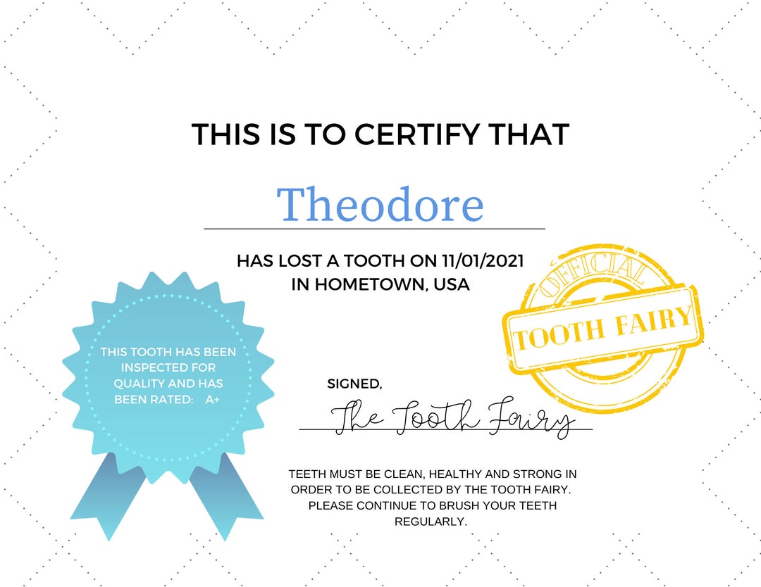 Tooth Fairy Certificate - Lost Tooth - Certificate - Etsy