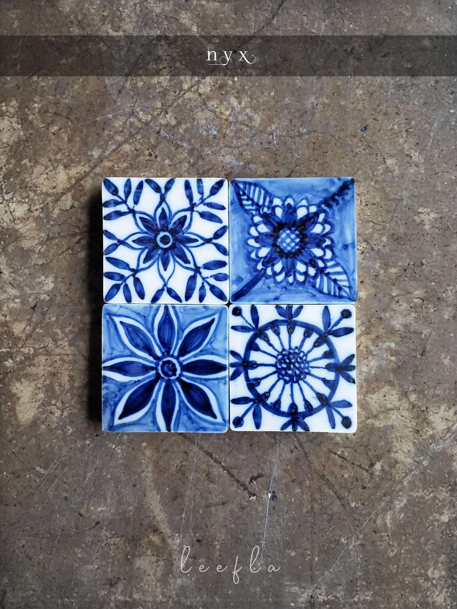 Set of 4 Hand-painted Ceramic Art Tiles, Blue Color, Nature-inspired ...