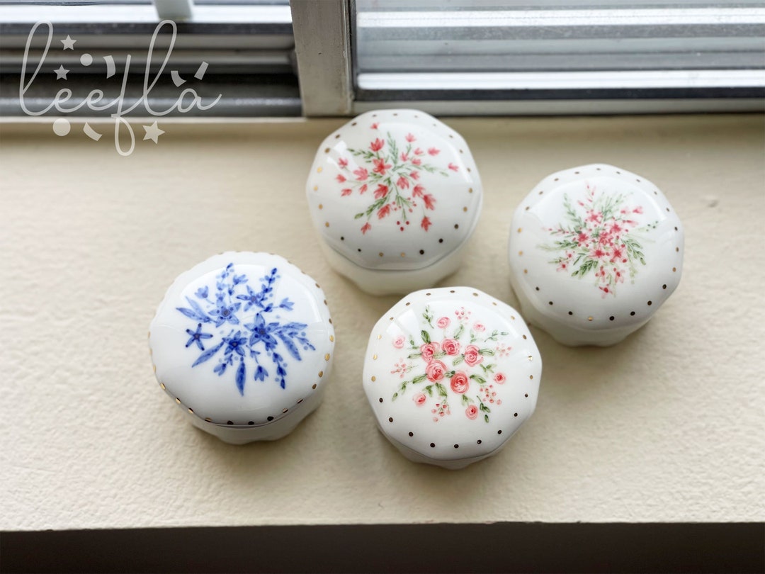 Hand Painted Ceramic Circle Jewelry Boxes With Lids, Pottery, Pink ...