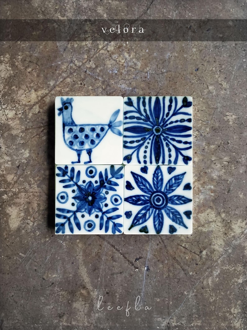 Set of 4 Hand-painted Ceramic Art Tiles, Blue Color, Nature-inspired ...