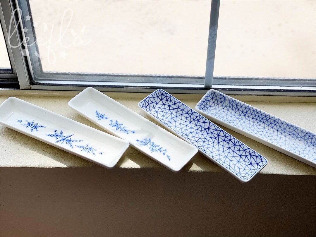 Narrow & Long, Rectangle Plate, Blue Floral, Geometrical, Hand-painted ...
