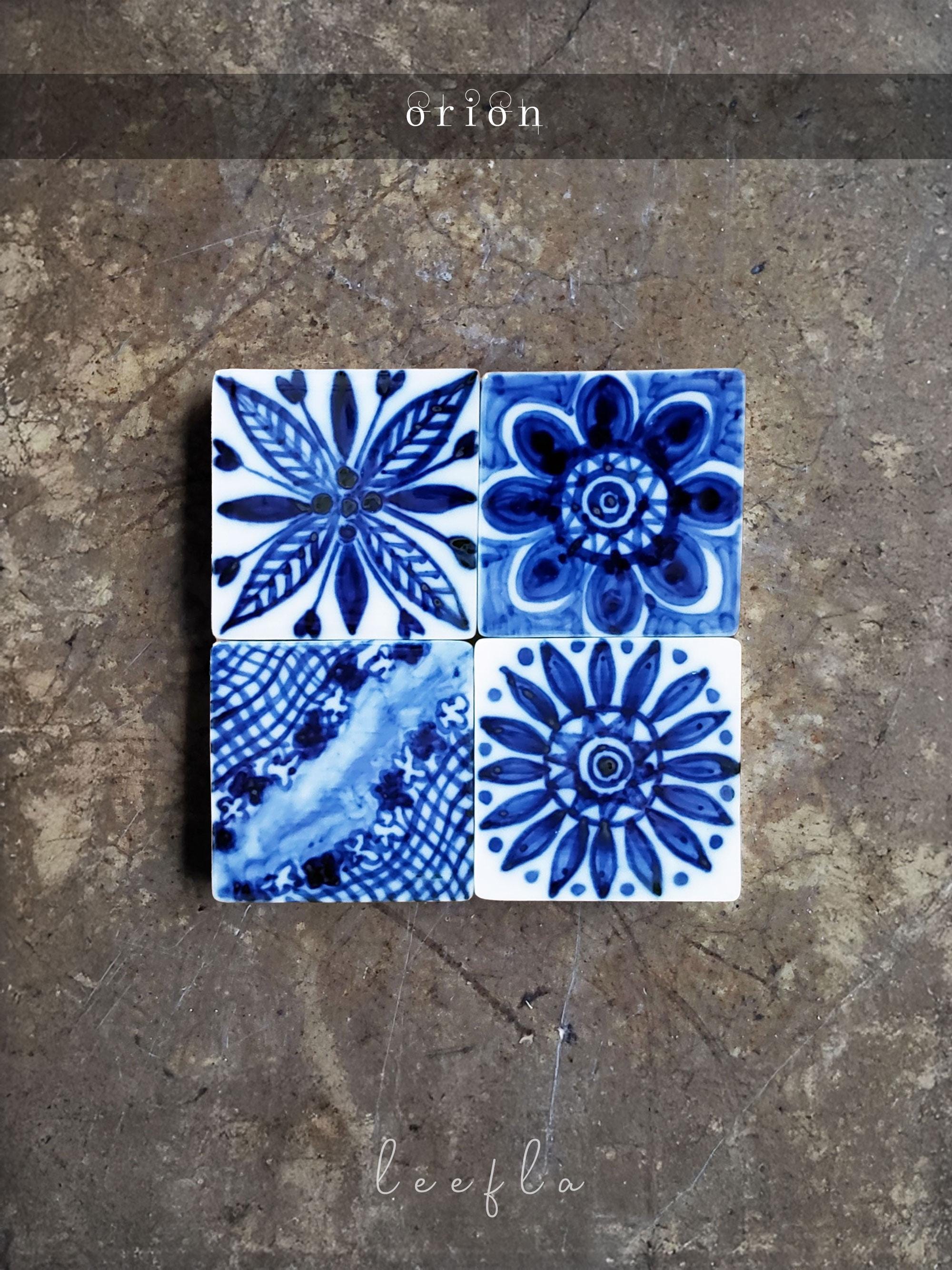 Set of 4 Hand-painted Ceramic Art Tiles, Blue Color, Nature-inspired ...