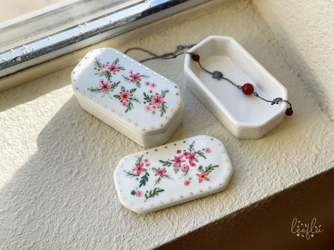 Ceramic Jewelry Box With Lid, Rose, Flowers, Botanical, Pink & Green - Etsy