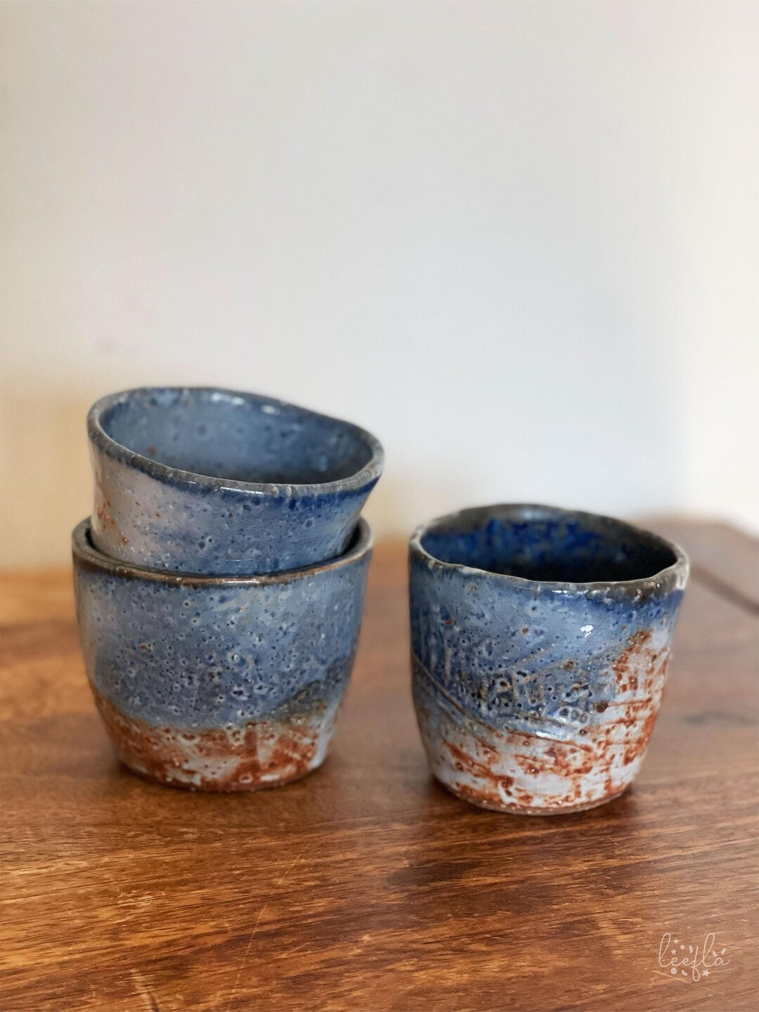 Blue & Brown Handleless Tea Mug, Coffee Cup, Hand-built, Hand-stamped ...