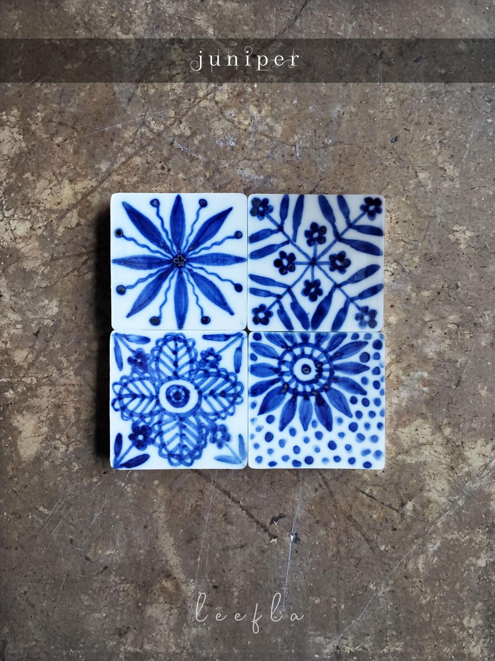 Set of 4 Hand-painted Ceramic Art Tiles, Blue Color, Nature-inspired ...