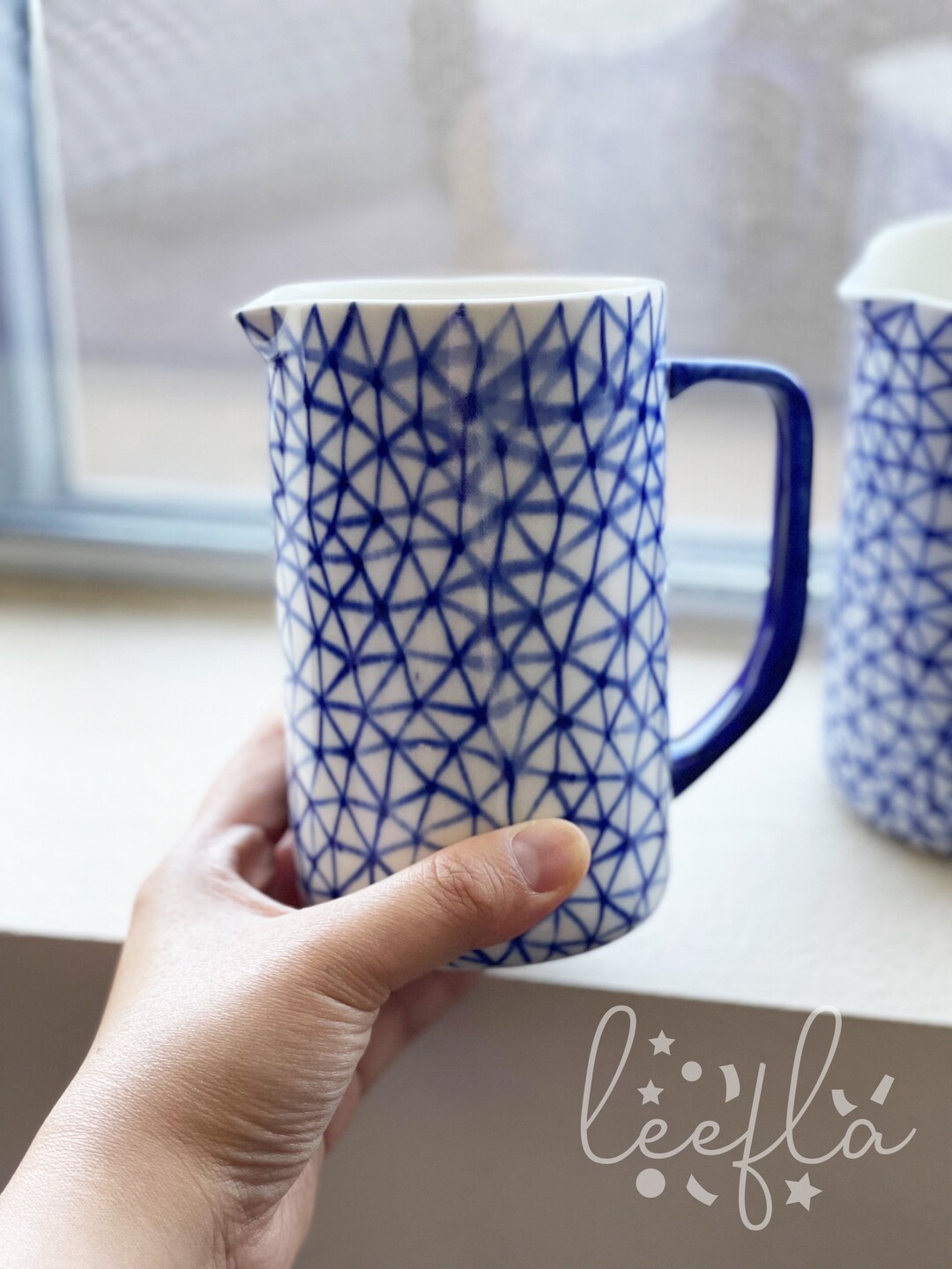 Ceramic Jug, Spouted Jug, Ceramic Pitcher With Handle, Blue Geometrical ...