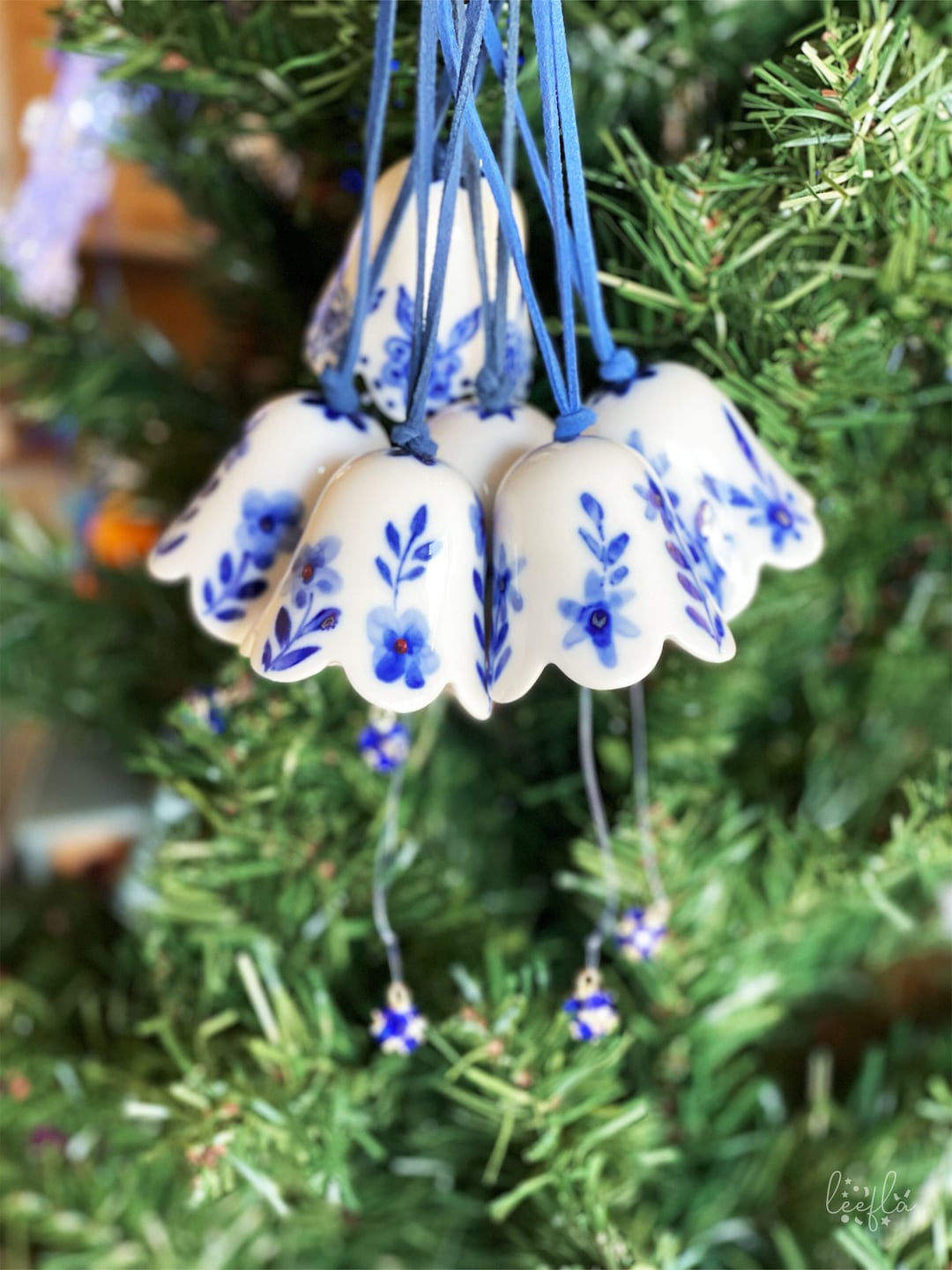 Flower Shaped Ceramic Bell, Christmas Ornament, Blue Floral Designs - Etsy