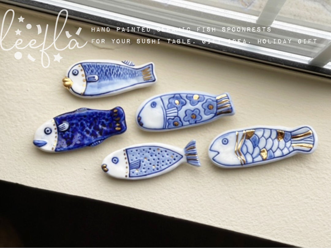 Ceramic Blue & Gold Fish Spoon Rest, Golden Lips, Golden Fins, Tangible ...
