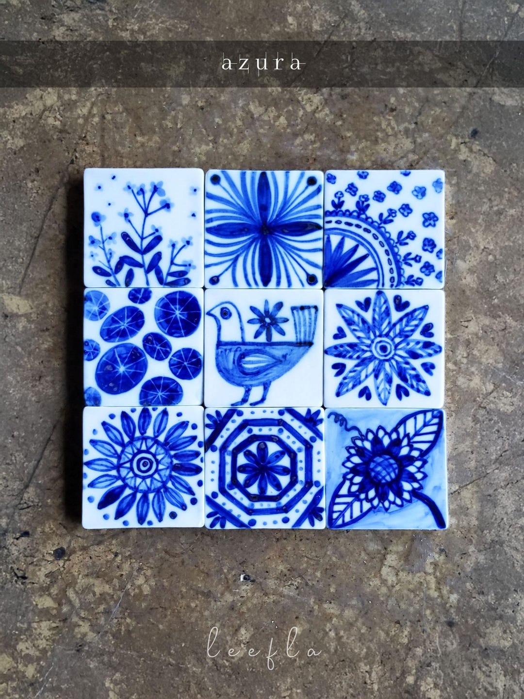 Hand-painted Ceramic Art Tiles: Blue Nature-inspired Decor, Set of 4, 9 ...