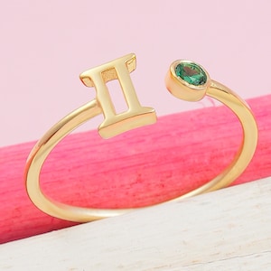 14k 18k Solid Gold Gemini Zodiac Horoscope Ring, May Month Emerald Birthstone Ring, Dainty Gold ...