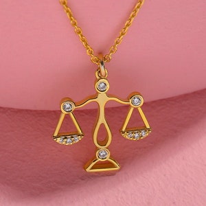 Libra Zodiac Sign Gold CZ Necklace, Minimalist Solid Gold Bridal ...