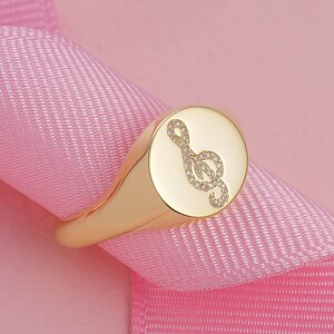 Gold Signet Ring With Treble Clef Symbol and CZ Stones, Musical Jewelry ...