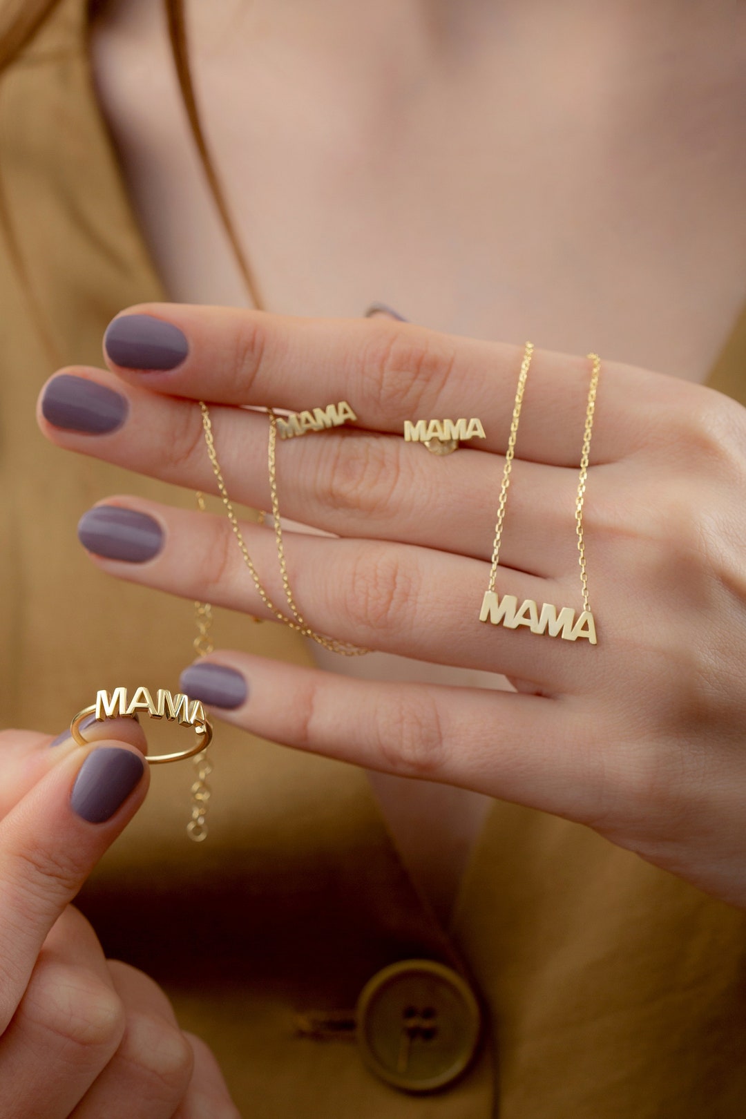 Mama Jewelry Set • 14k Solid Gold Necklace Ring and Earrings Set ...