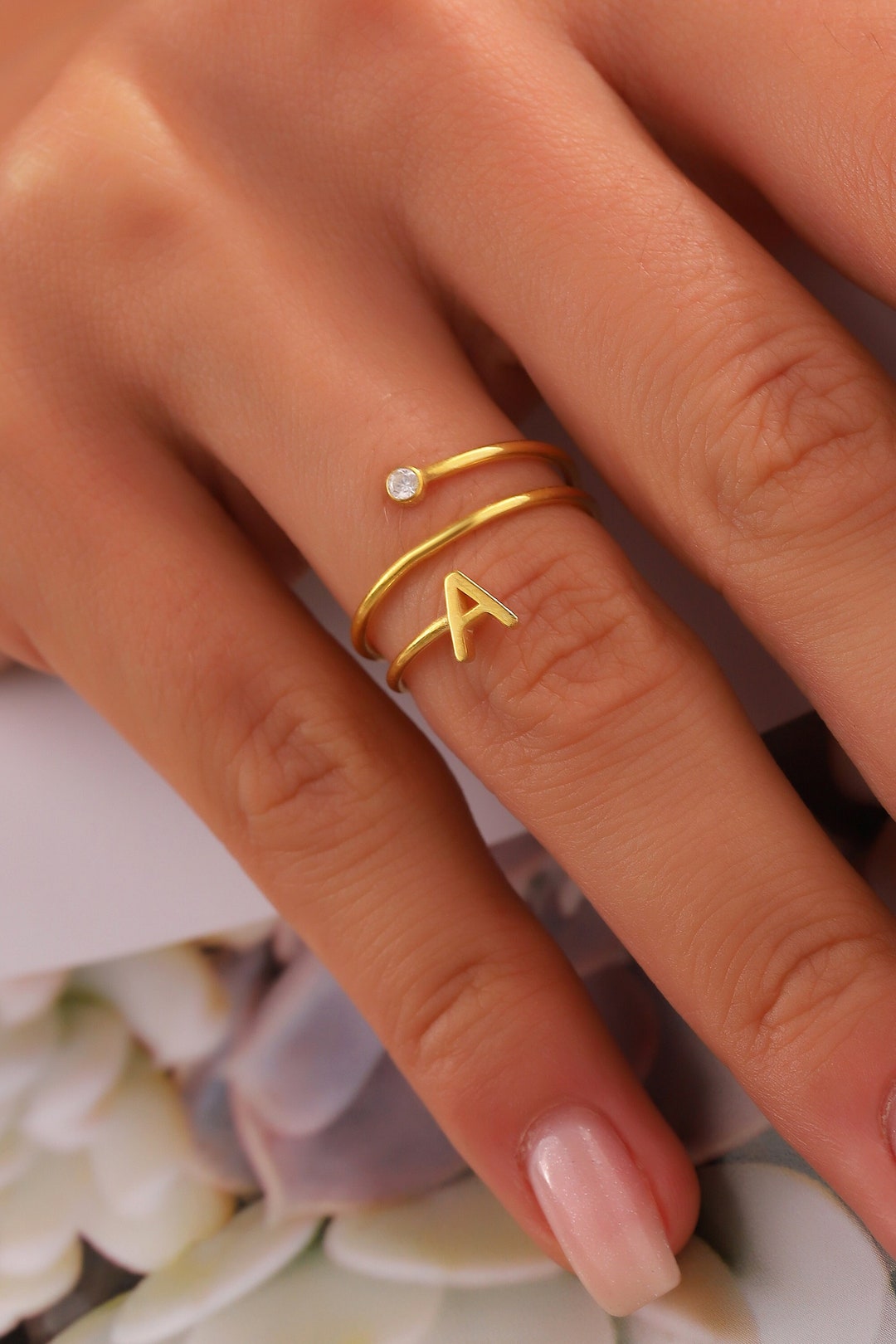 Coil Spiral Initial Letter Ring, Bezel Set Gold Gold CZ Ring, Alphapet ...