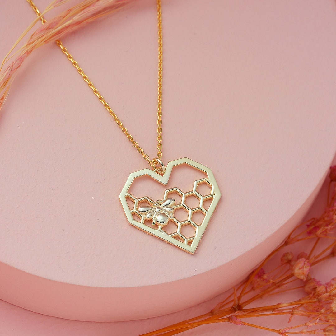 14k 18k Gold Beehive Honey Bee Pendant Necklace, Minimalist Heart ...