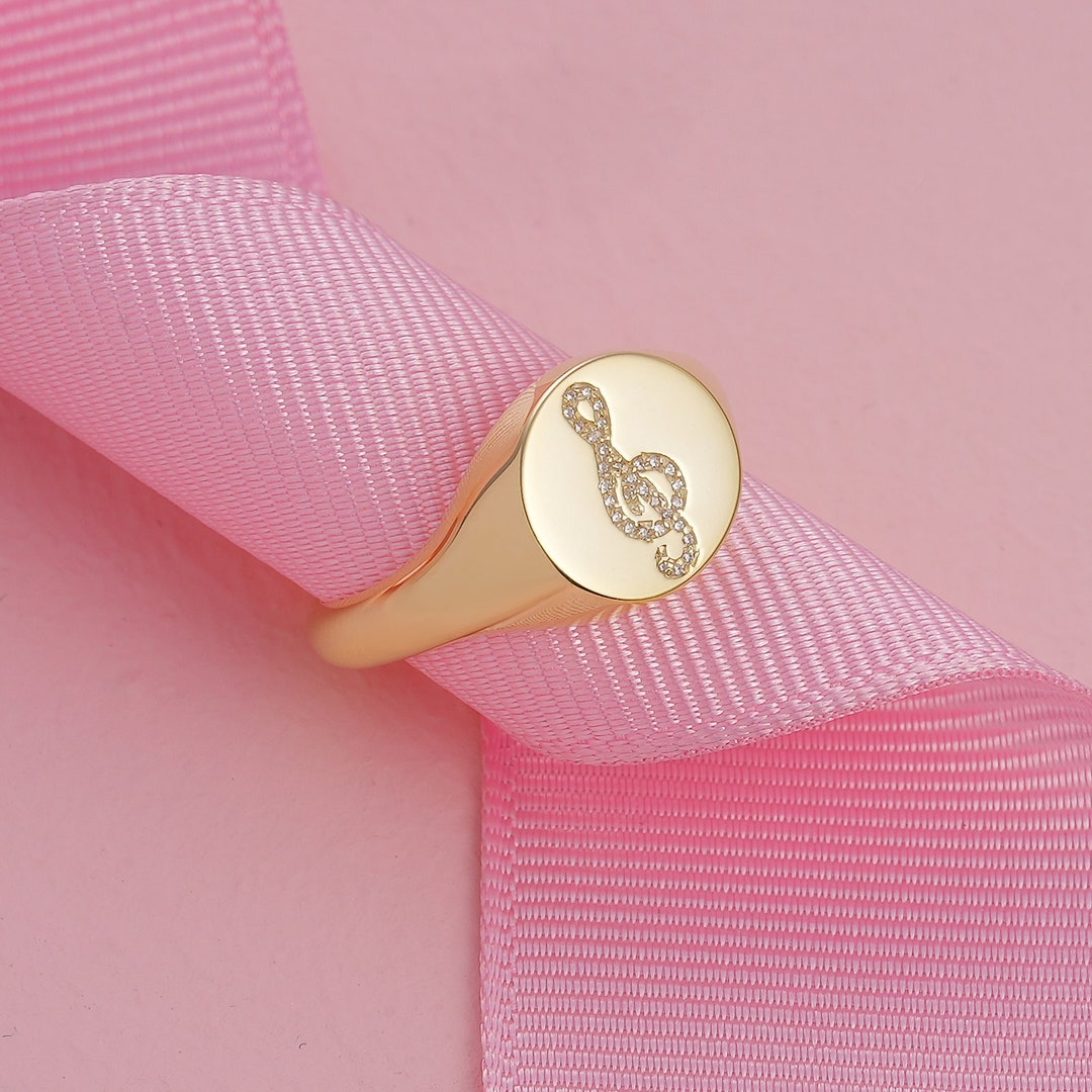 Gold Signet Ring With Treble Clef Symbol and CZ Stones, Musical Jewelry ...