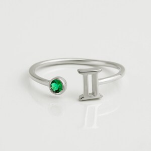 14k 18k Solid Gold Gemini Zodiac Horoscope Ring, May Month Emerald Birthstone Ring, Dainty Gold ...