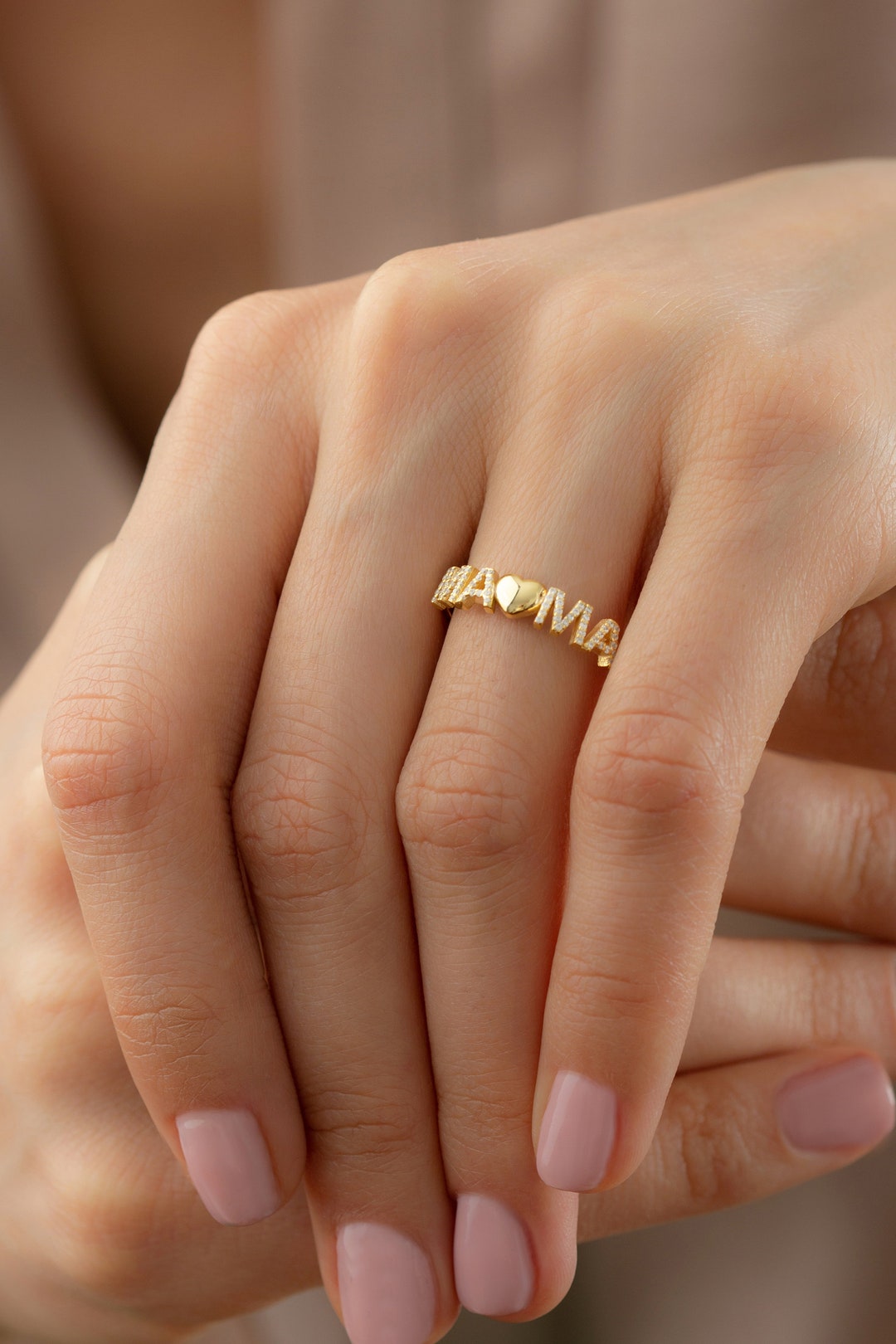 10k 14k 18k Solid Gold CZ Heart Mama Ring, Dainty Gold CZ Mother Ring ...