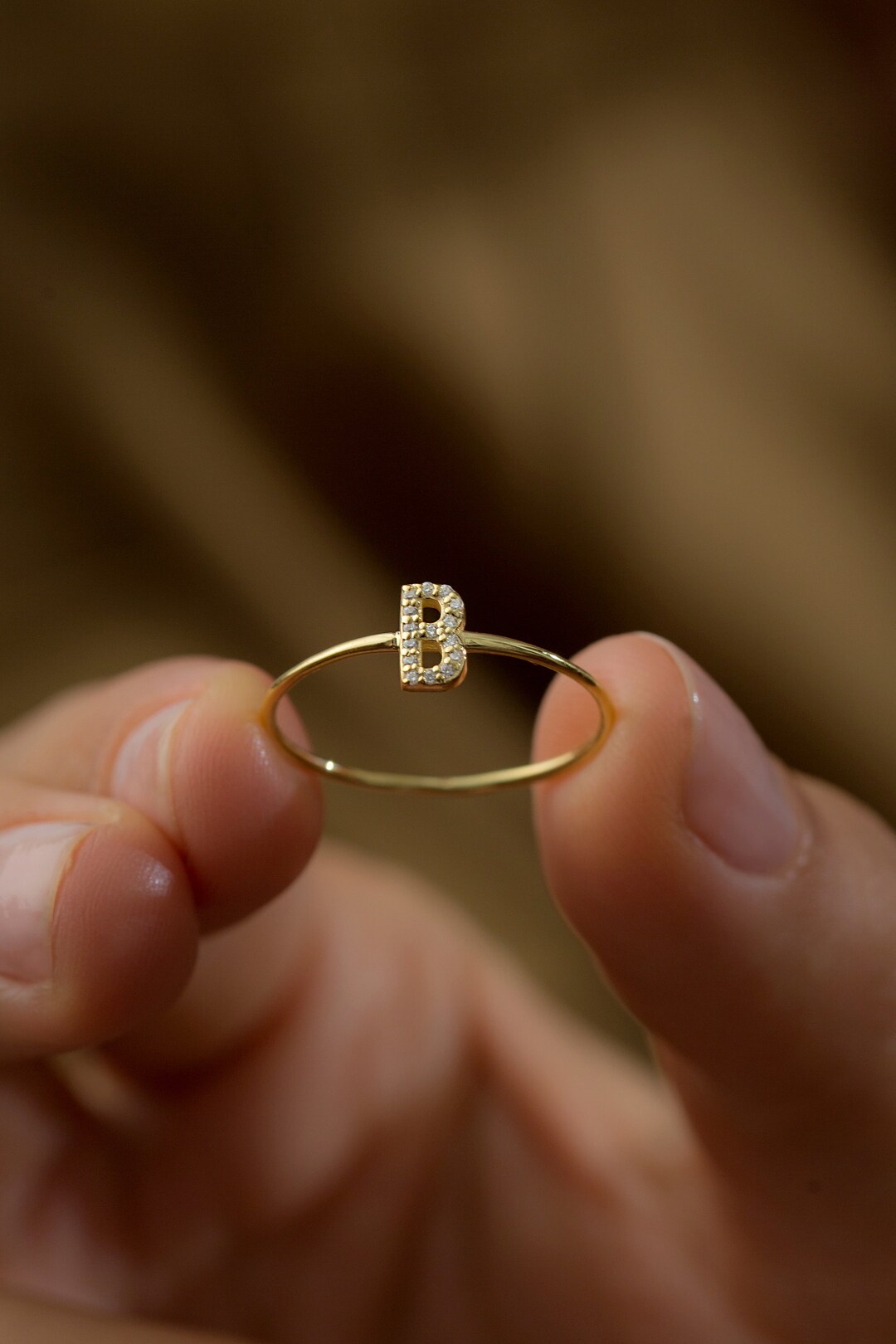 10k 14k 18k Gold Diamond Initial Letter Ring, Dainty Gold Stackable ...