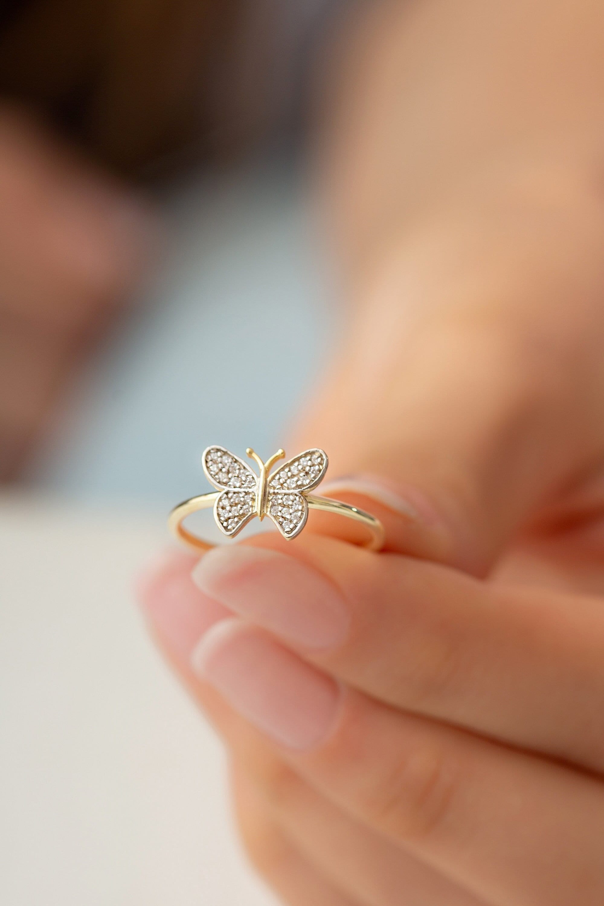 14k 18k 10k Dainty Gold CZ Butterfly Ring, Statement Women 14k 18k 10k Dainty Gold CZ Butterfly Ring, Statement Women
