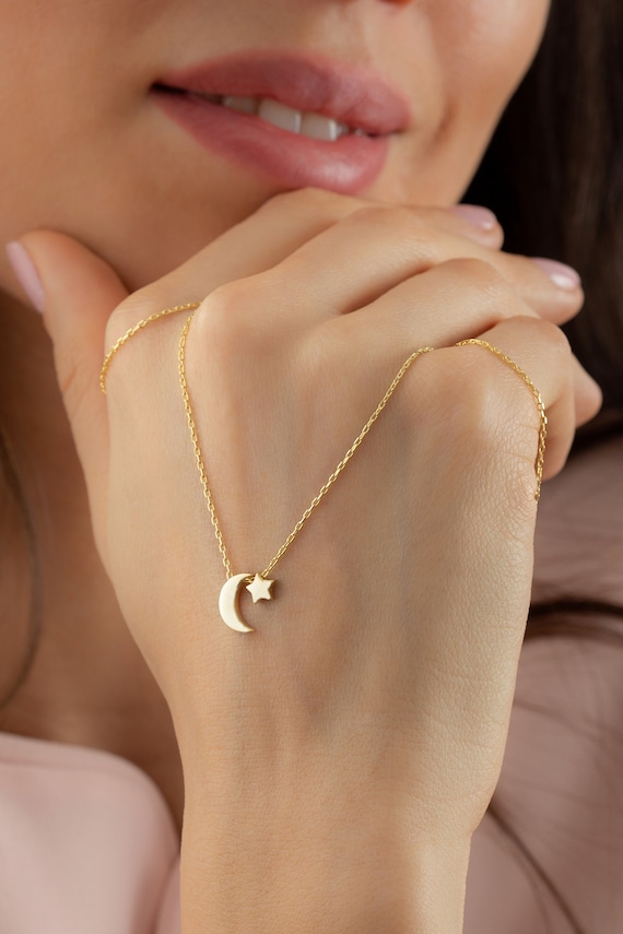 Minimalist Moon Star Gold Necklace Pendant 10k 14k 18k Solid Gold Necklace for Women Celestial Moon Star Jewelry Christmas Gift for Mom Etsy Italia