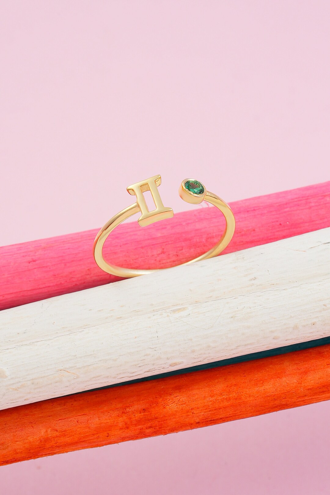 14k 18k Solid Gold Gemini Zodiac Horoscope Ring, May Month Emerald Birthstone Ring, Dainty Gold ...