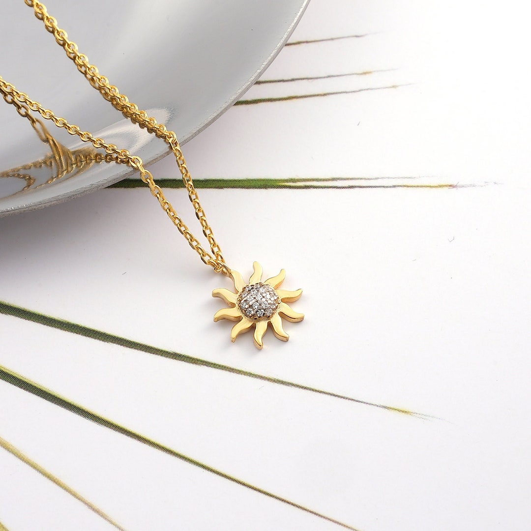 14k Gold Diamond Sun Celestial Pendant Necklace, Dainty Sunshine Necklace for Mom, Minimalist ...