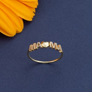 10k 14k 18k Solid Gold Diamond Heart Mama Ring, Dainty Gold Diamond ...