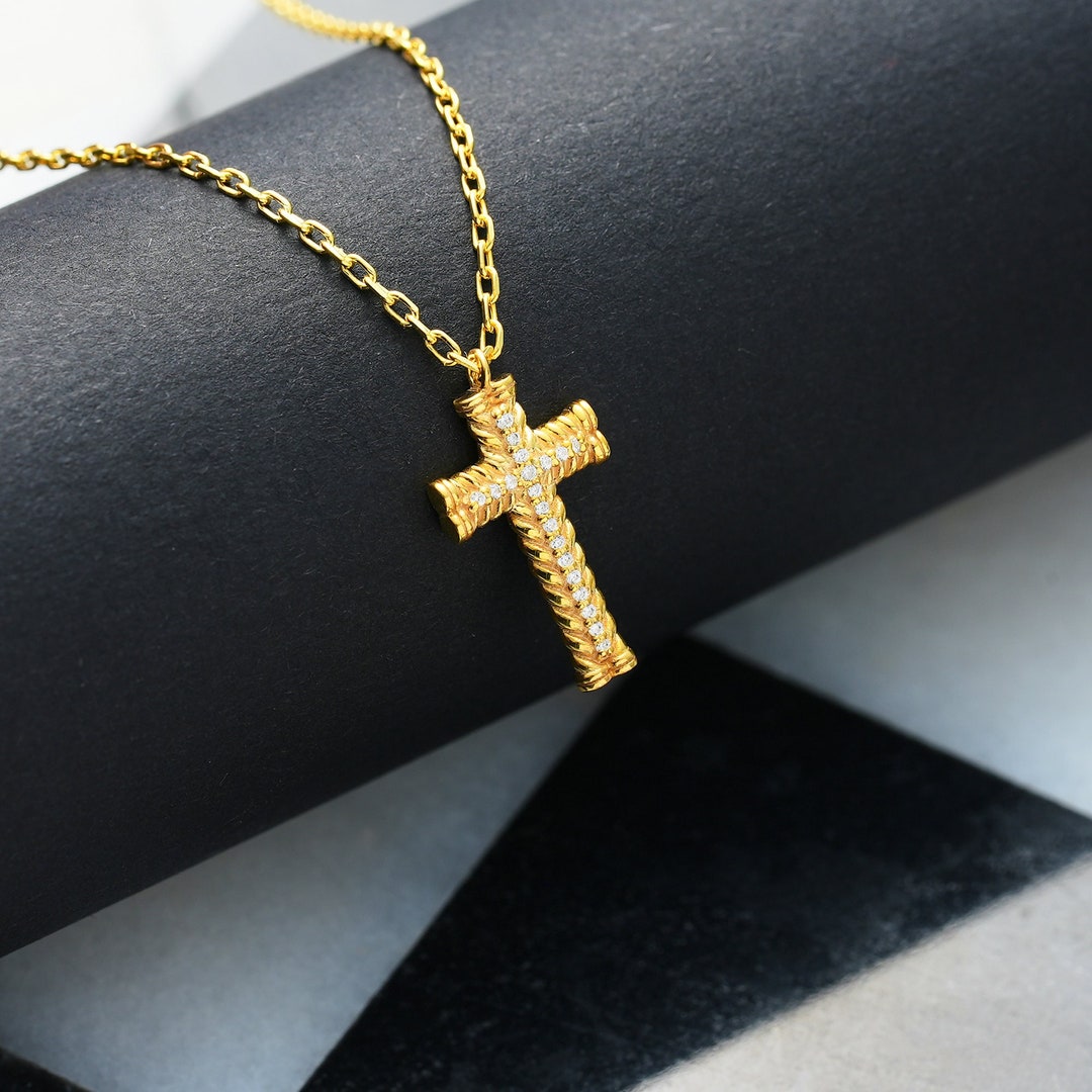 10k 14k 18k Solid Gold Cross Necklace, Christian Protection Pendant ...