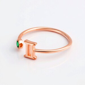 14k 18k Solid Gold Gemini Zodiac Horoscope Ring, May Month Emerald Birthstone Ring, Dainty Gold ...