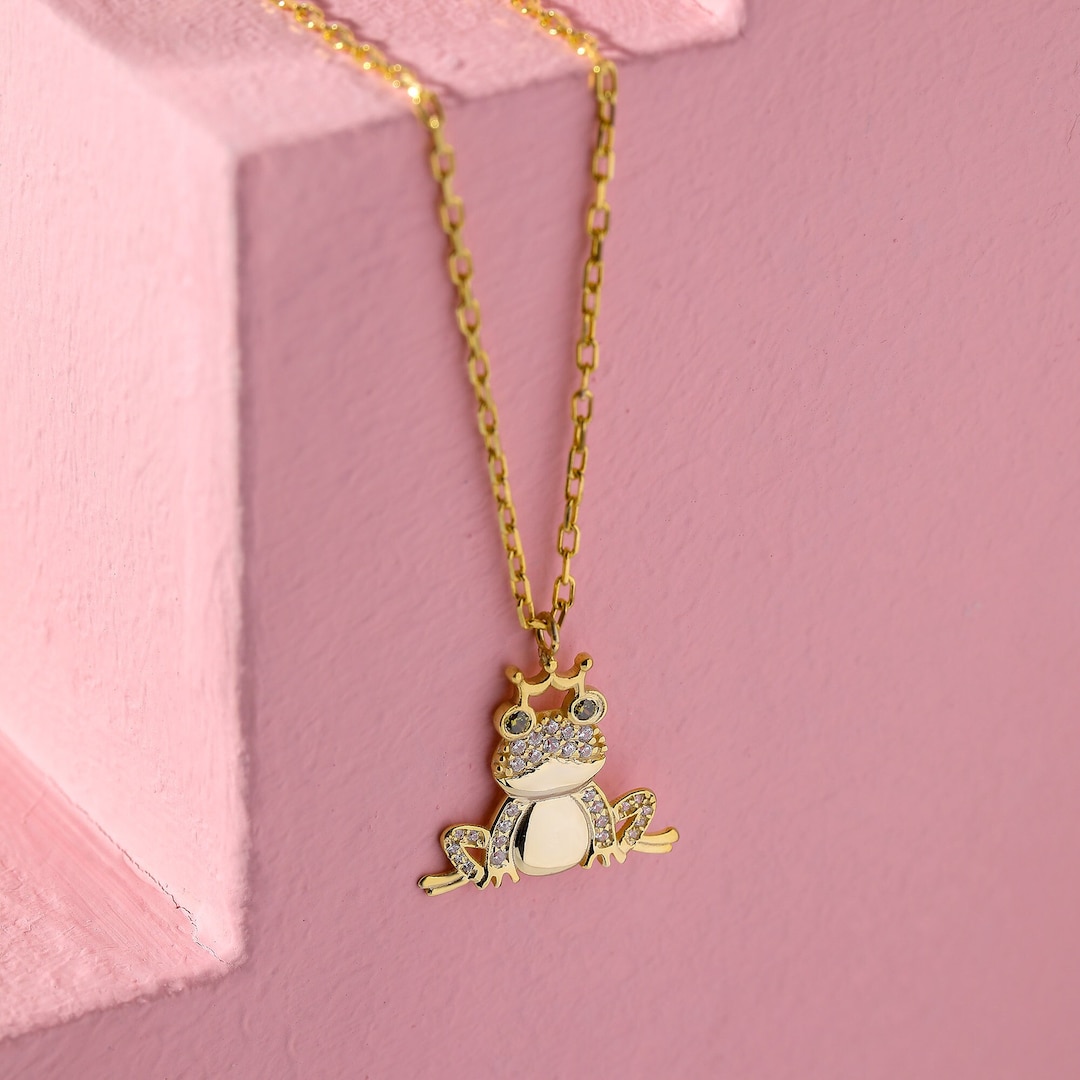 14k 18k Solid Gold Diamond Frog Party Necklace, Diamond Frog Charm ...