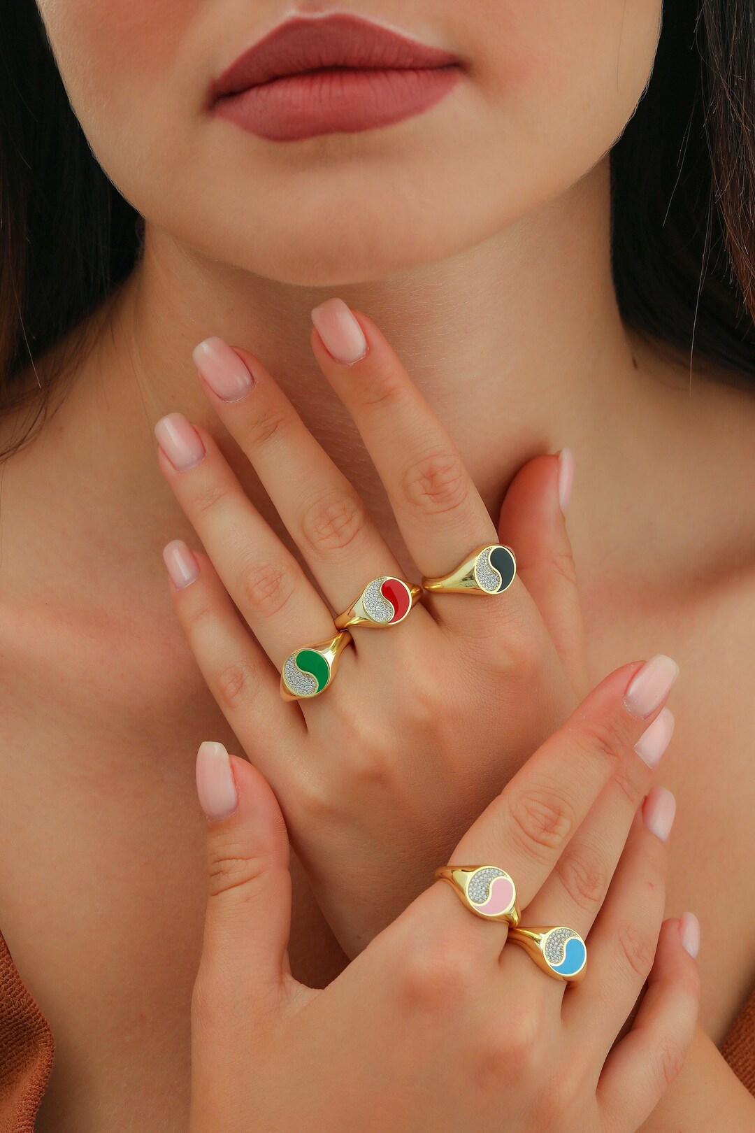 Ying Yang 14k Gold Diamond Enamel Signet Ring, Handmade Promise ...