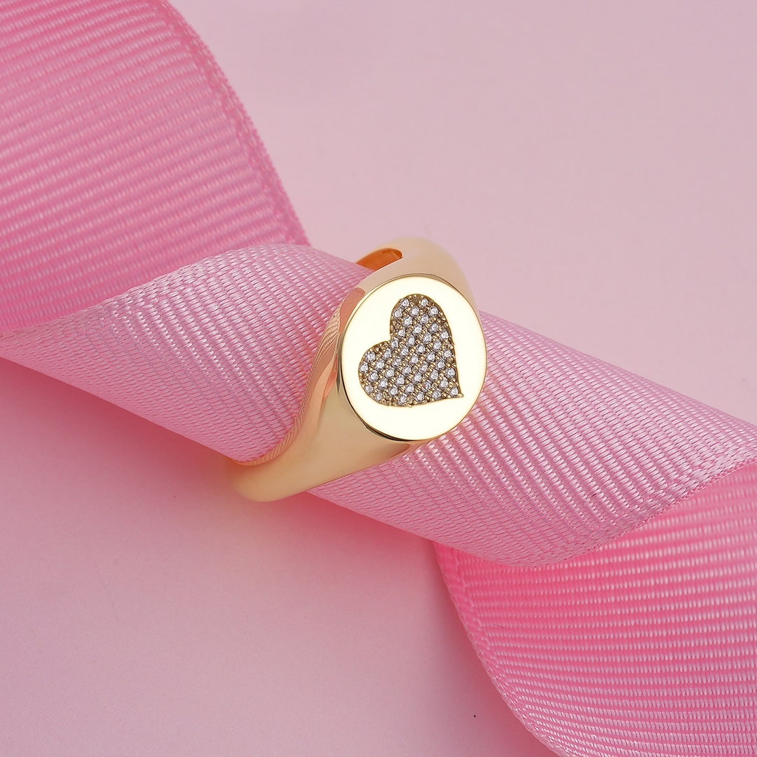 14k 18k Gold Diamond Heart Womens Signet Ring, Dainty Pinky Heart Ring ...
