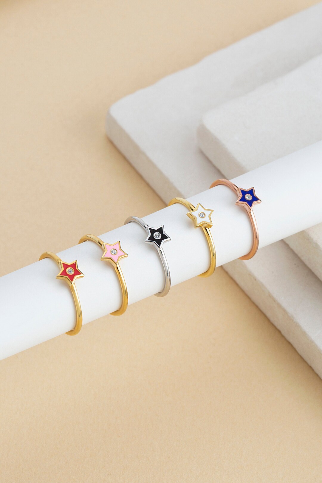 10k 14k 18k Gold Diamond Enamel Star Ring, Dainty Stackable Ring ...