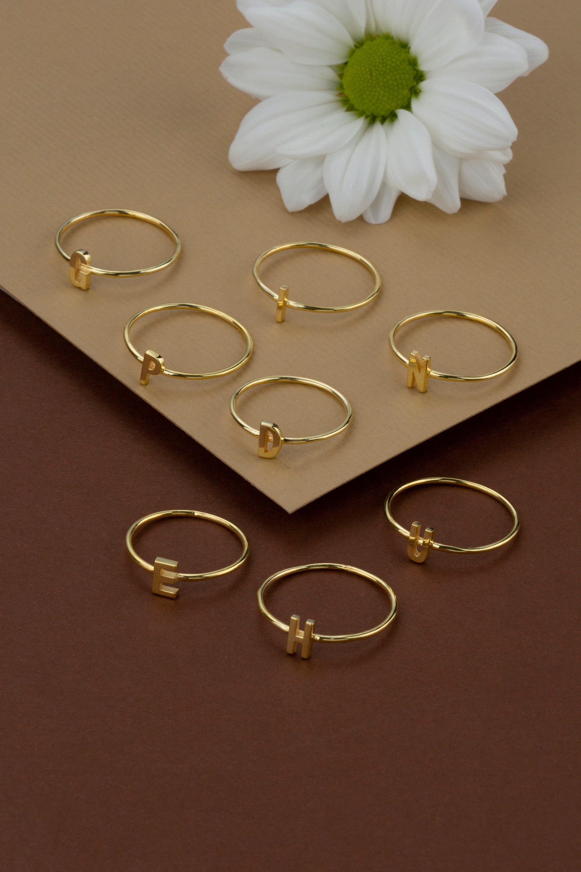 10k 14k 18k Gold Initial Letter Ring Dainty Gold Stackable | Etsy