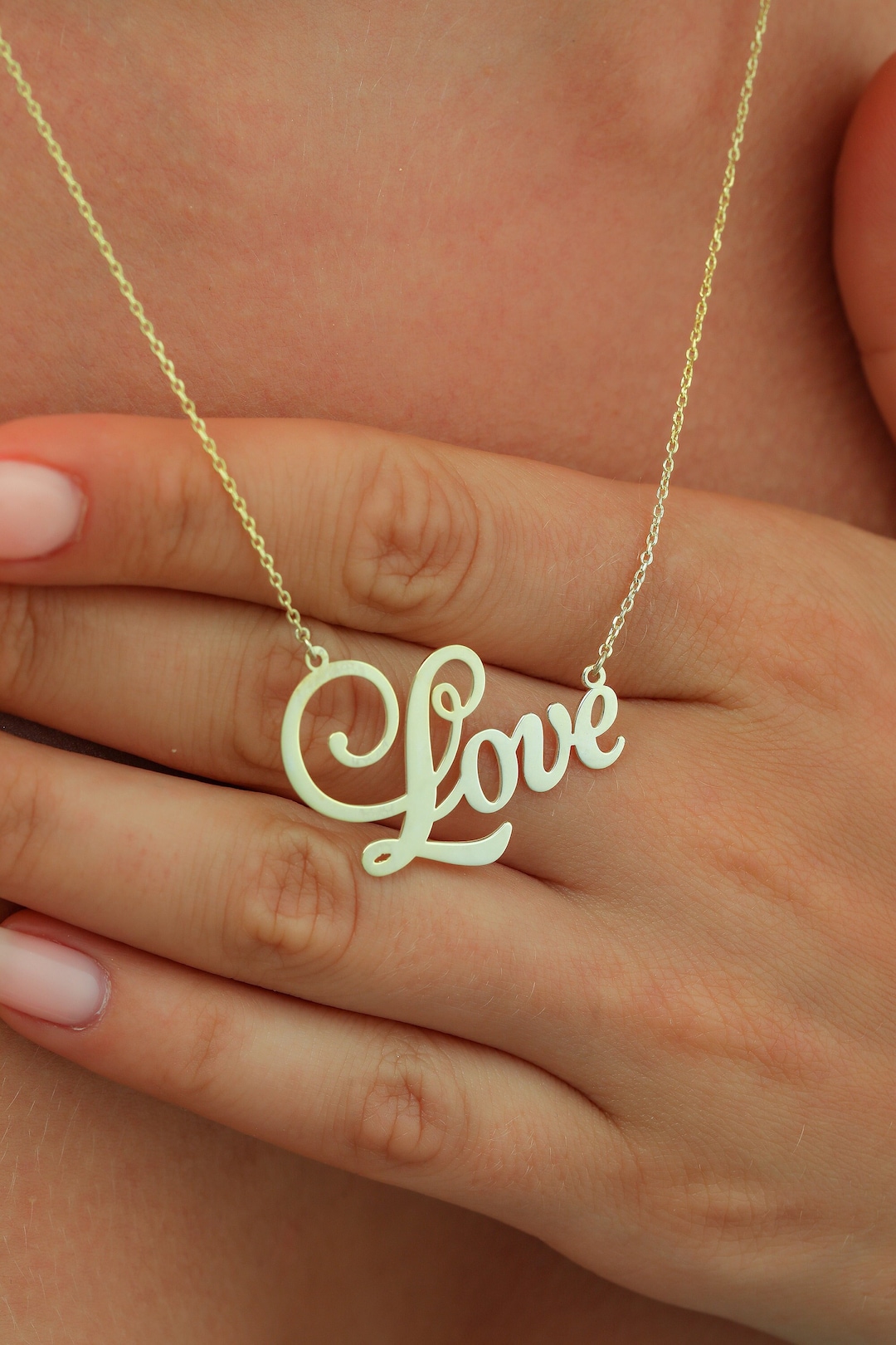 14k 18k Solid Gold Love Script Necklace for Women, Cursive Love Letter ...