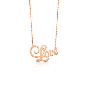14k 18k Solid Gold Love Script Necklace for Women, Cursive Love Letter ...