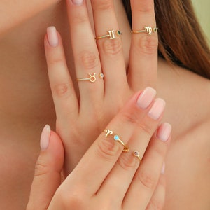 14k 18k Solid Gold Gemini Zodiac Horoscope Ring, May Month Emerald Birthstone Ring, Dainty Gold ...