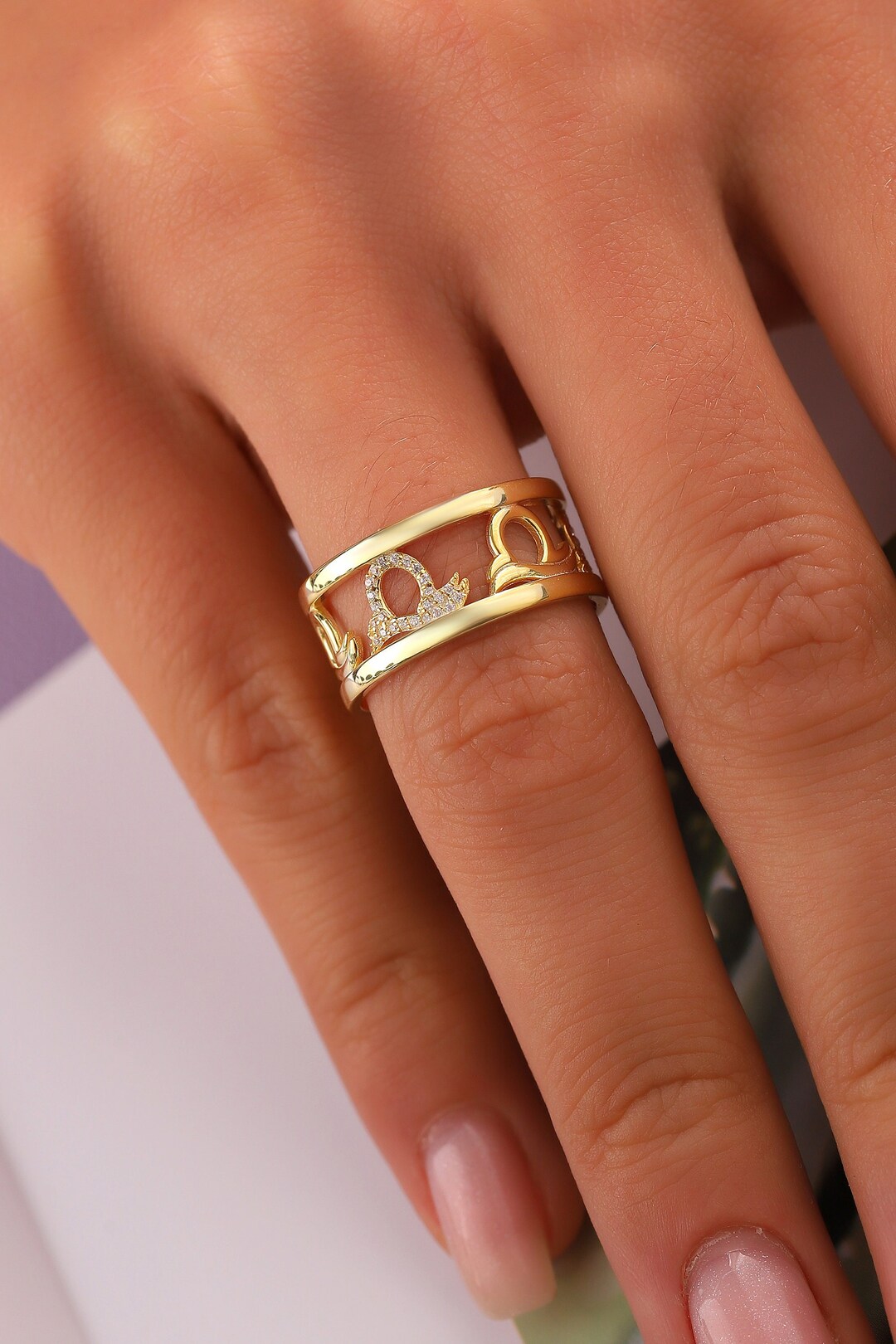 Libra Zodiac Sign Diamond Ring, 10k 14k 18k Solid Gold Diamond ...