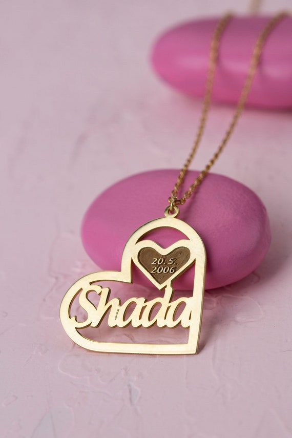 14k 18k 10k Solid Gold Heart Name Date Necklace Personalized | Etsy