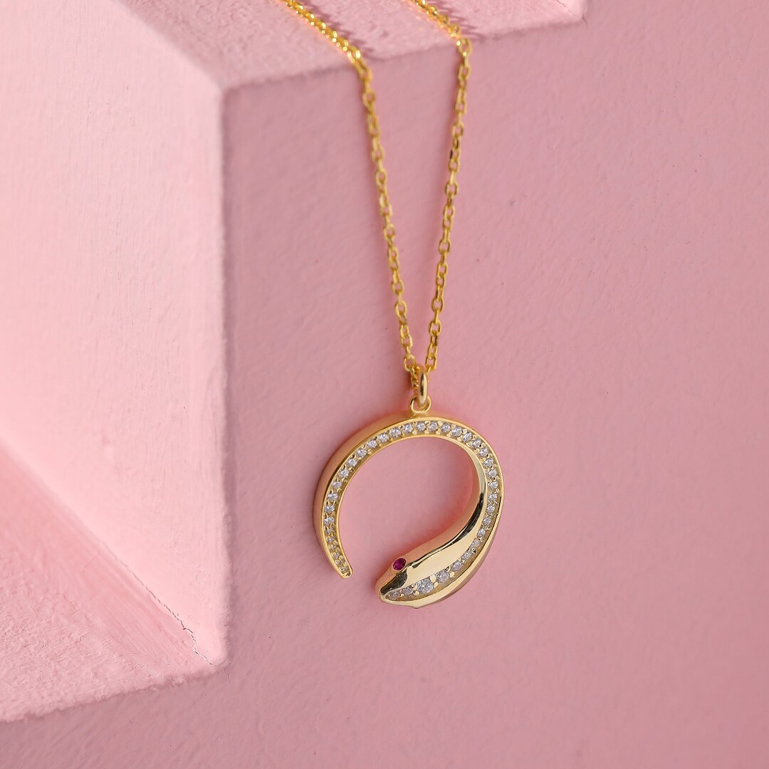 14k 18k Gold CZ Serpent Snake Charm Necklace, Dainty Animal Snake ...