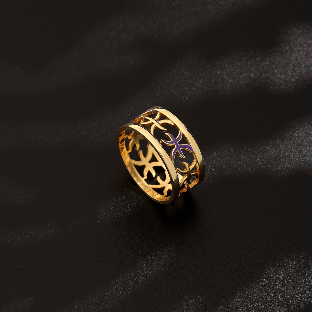 Pisces Zodiac Sign Gold Purple Enamel Ring, 10k 14k 18k Solid Gold ...