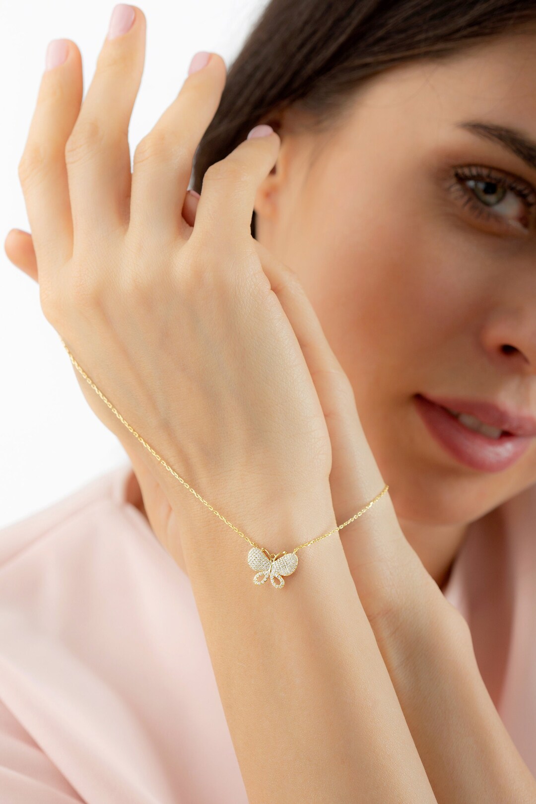 10k 14k 18k Solid Gold CZ Butterfly Necklace, Dainty Minimalist ...