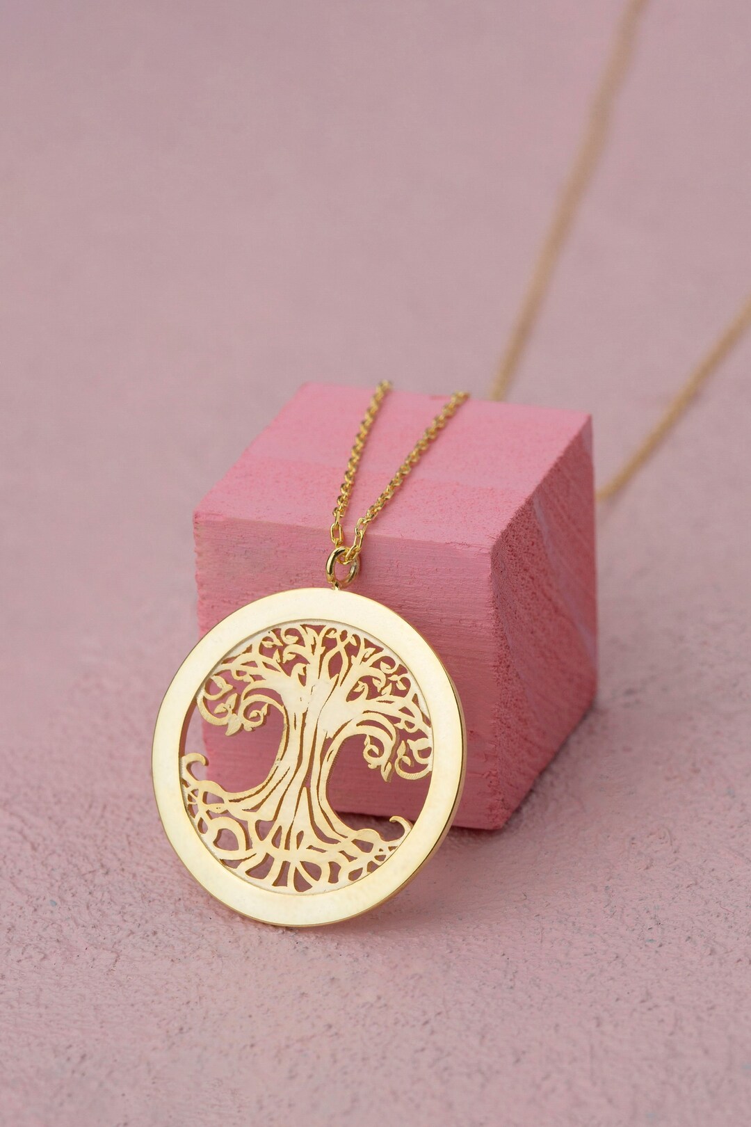 14k 18k 10k Solid Gold Family Tree Of Life Charm Necklace Medallion 14k-18k-10k-solid-gold-family-tree-of-life-charm-necklace-medallion