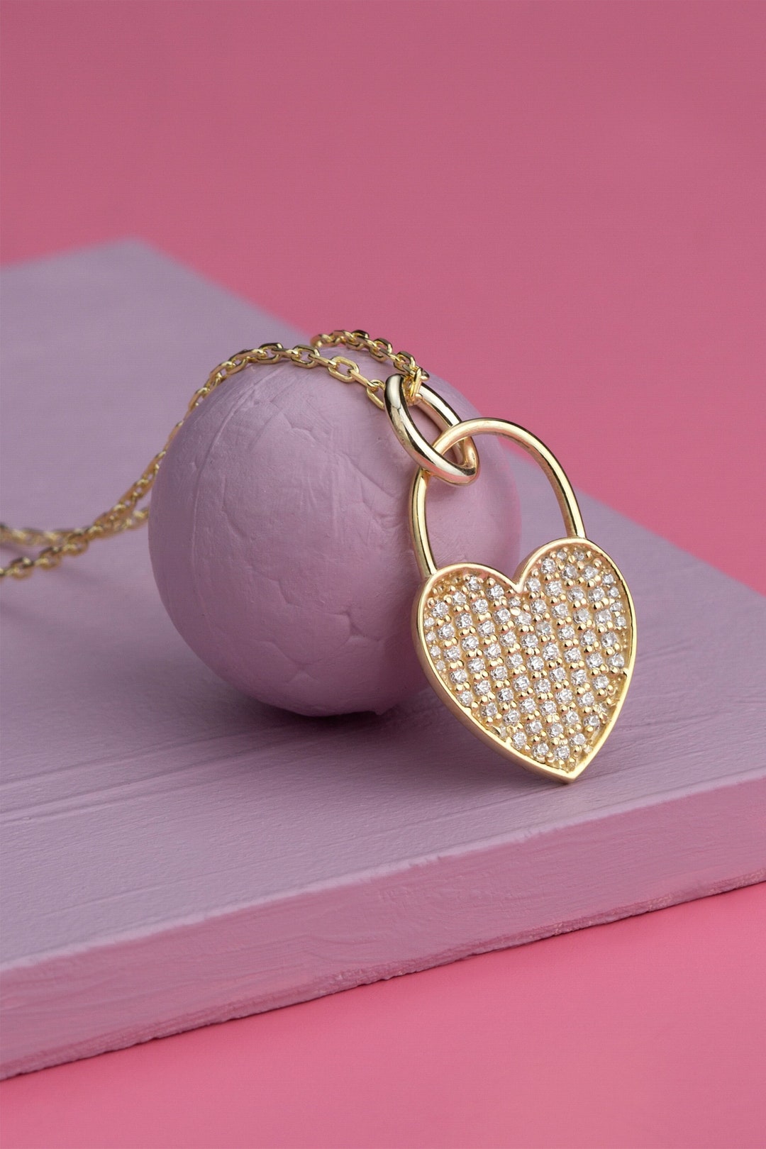 Gold CZ Heart Lock Padlock Necklace Pendant, Romantic Bridal Gift for ...